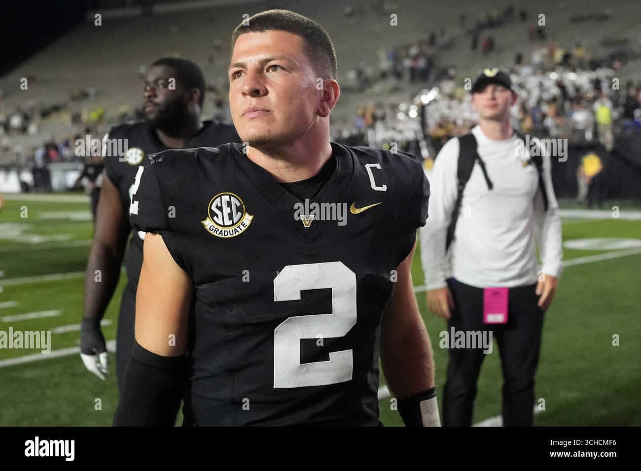 Vanderbilt quarterback Diego Pavia (2) walks off the field after the ...