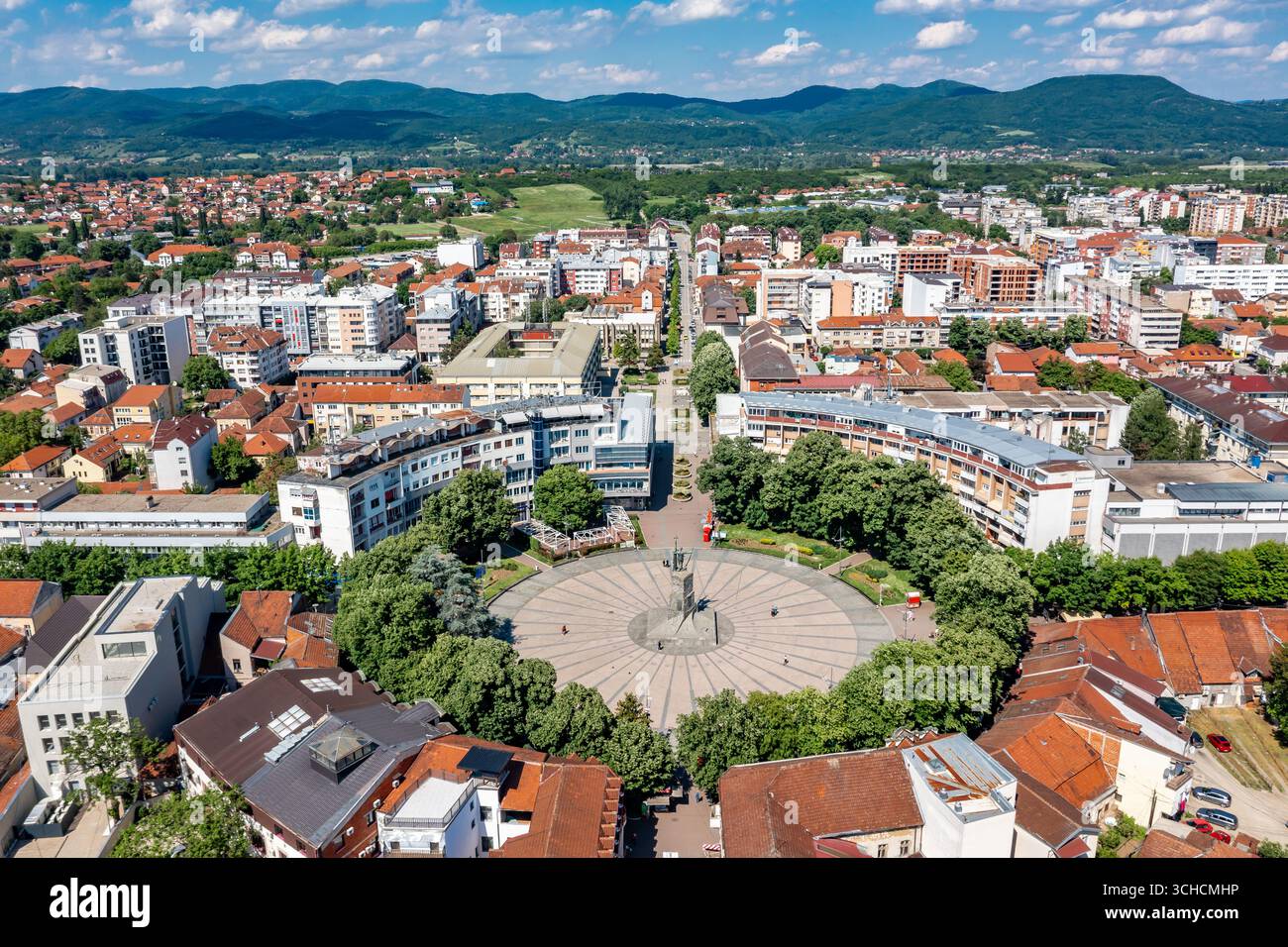 Kraljevo city center with famous monument Milutin, panorama drone ...