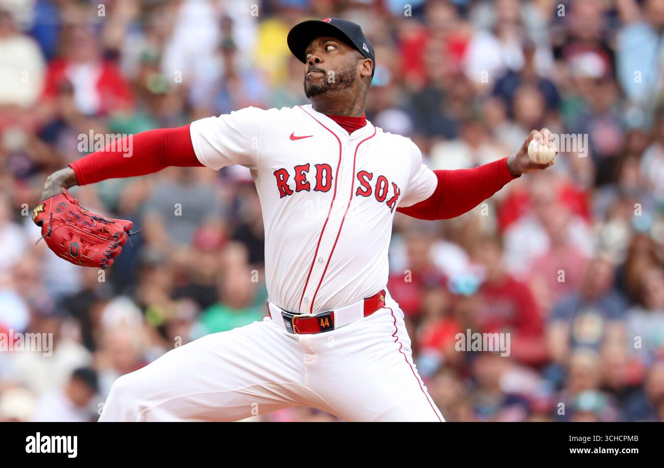 Boston Red Sox pitcher Aroldis Chapman throws during the ninth inning ...