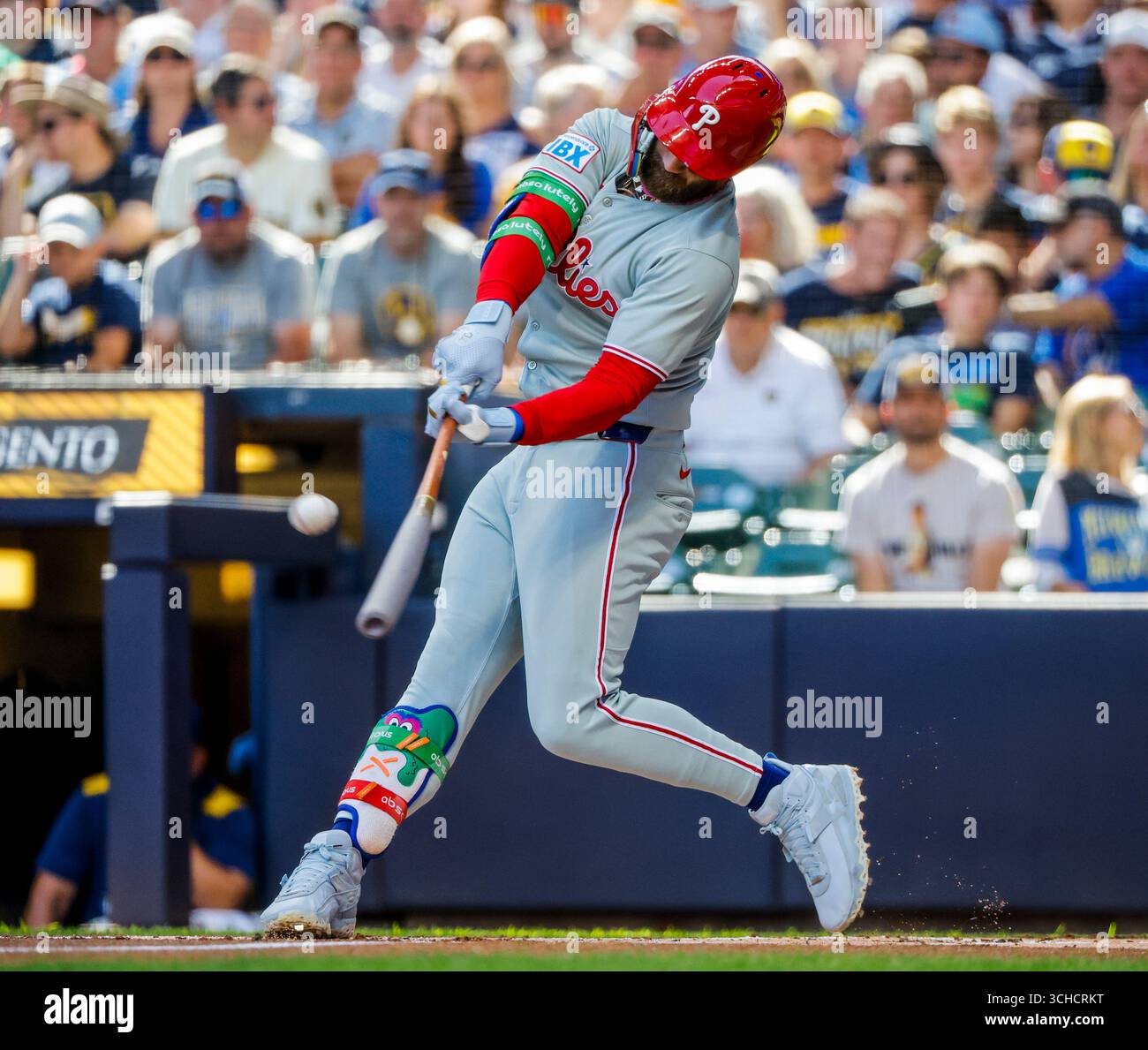 Philadelphia Phillies first baseman Bryce Harper hits a single in the ...