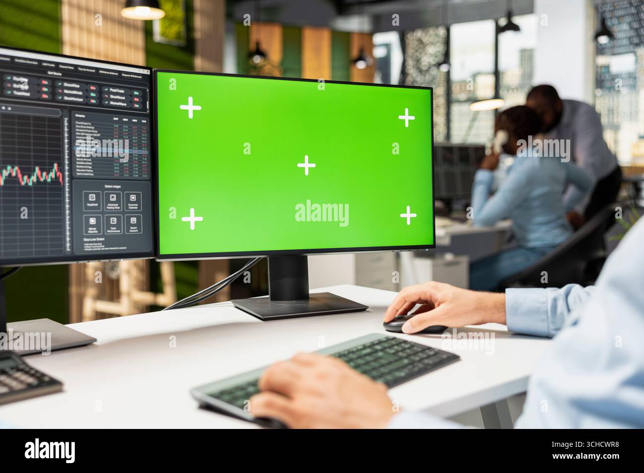Close up of prop firm trader using mockup computer displaying ...