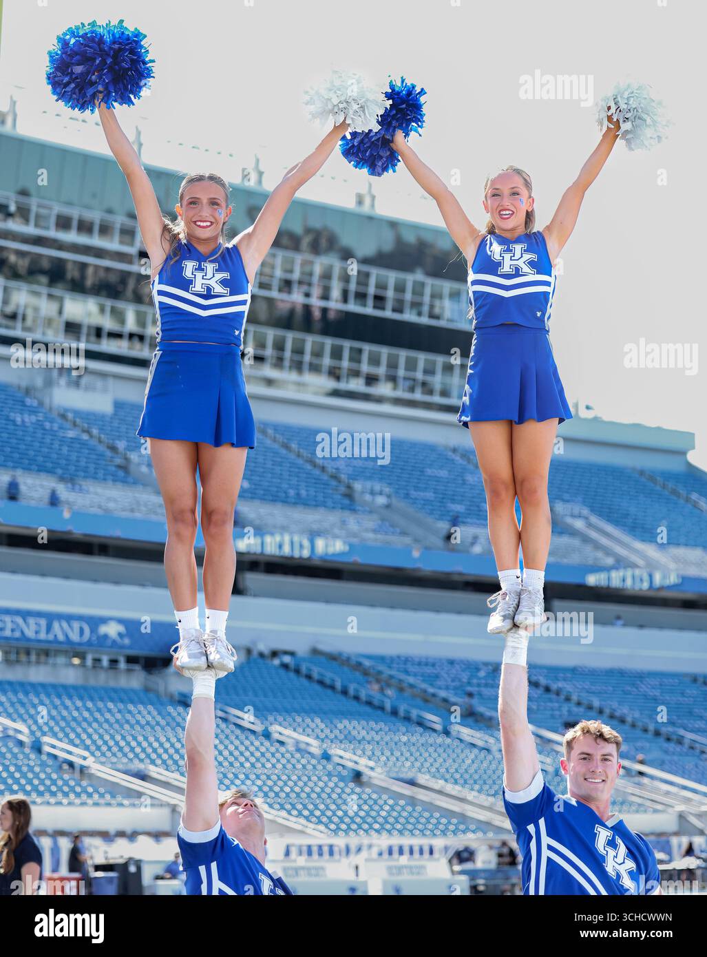 August 30, 2025: Kentucky cheerleaders perform partner stunts following ...