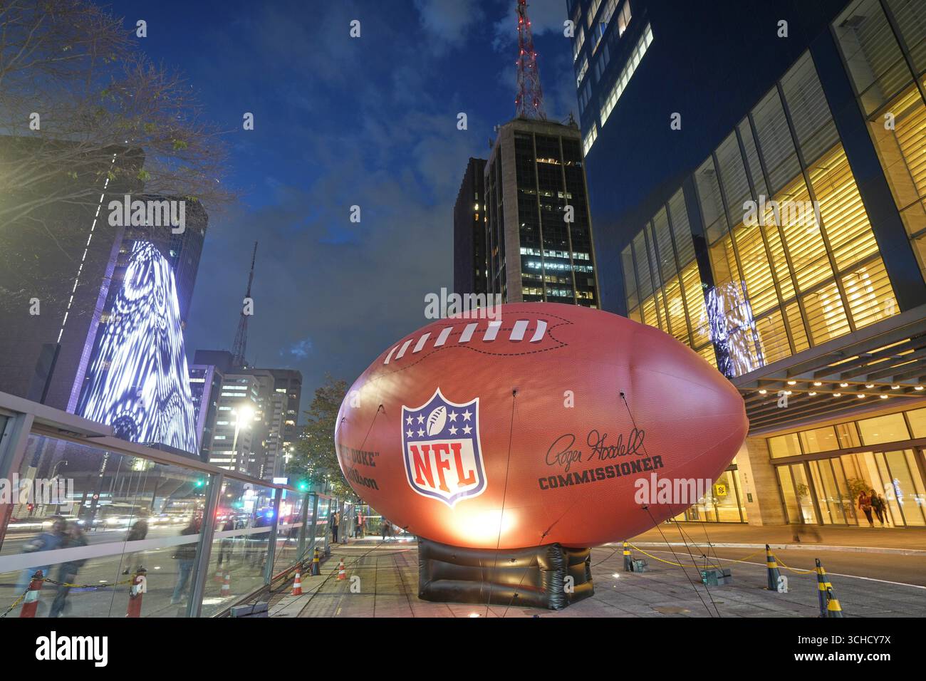 An American football installation sits on display on Paulista Avenue ...