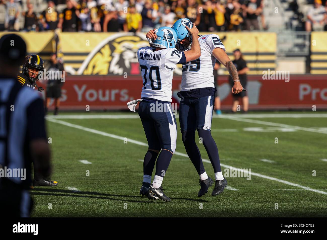 Toronto Argonauts' Lirim Hajrullahu (70) celebrates a late field goal ...