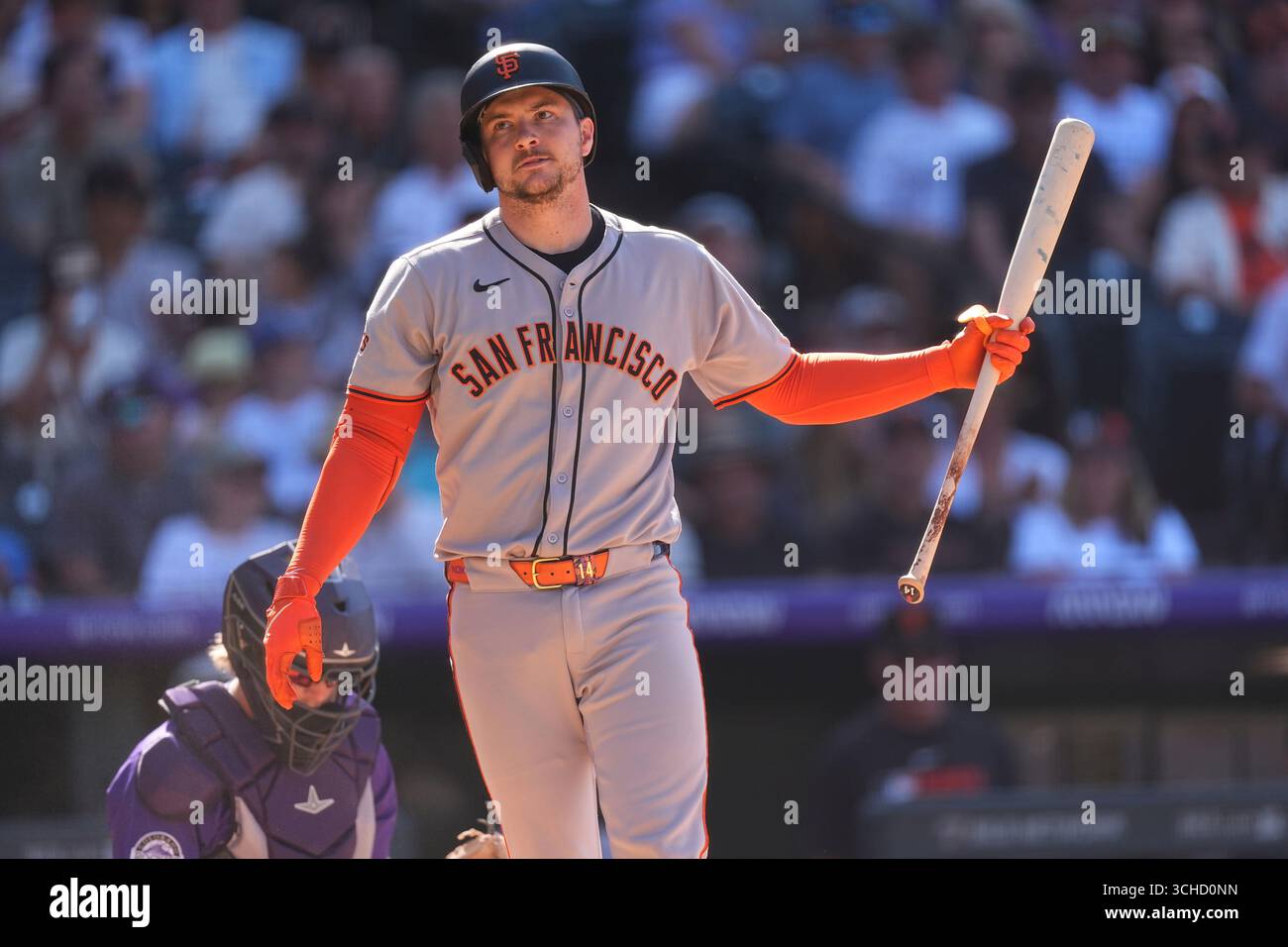 San Francisco Giants' Patrick Bailey reacts after fouling off a pitch ...