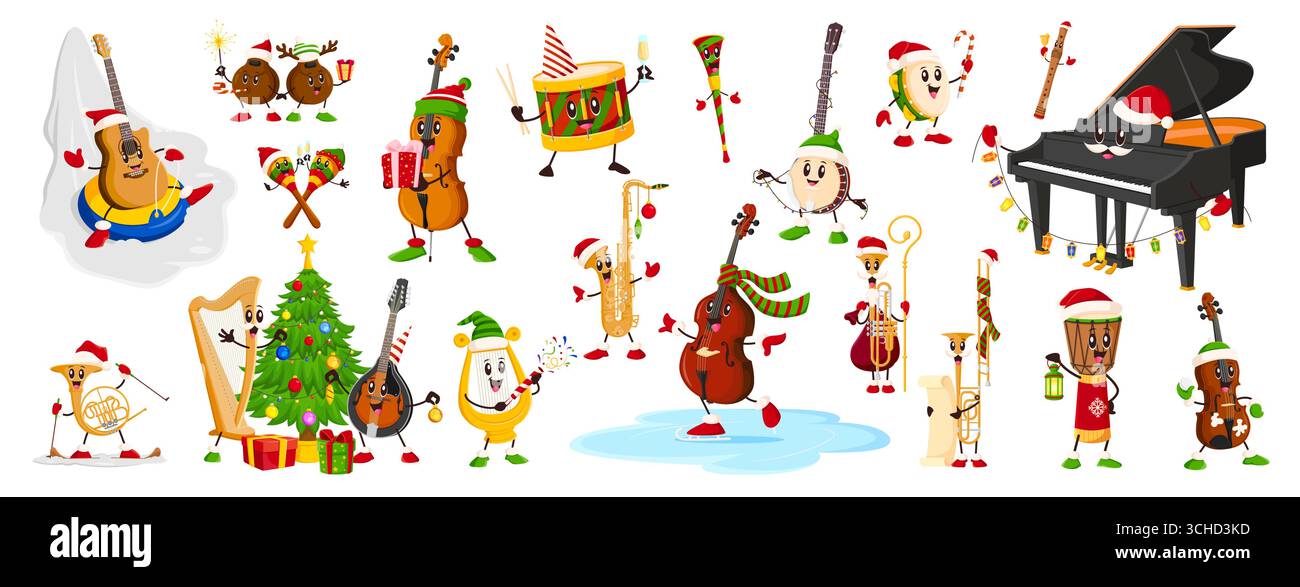 Cartoon musical instrument characters on Christmas and winter holiday ...