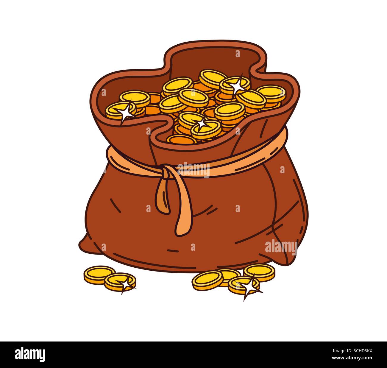 Cartoon groovy pirate treasure, burlap sack filled with gold coins and ...