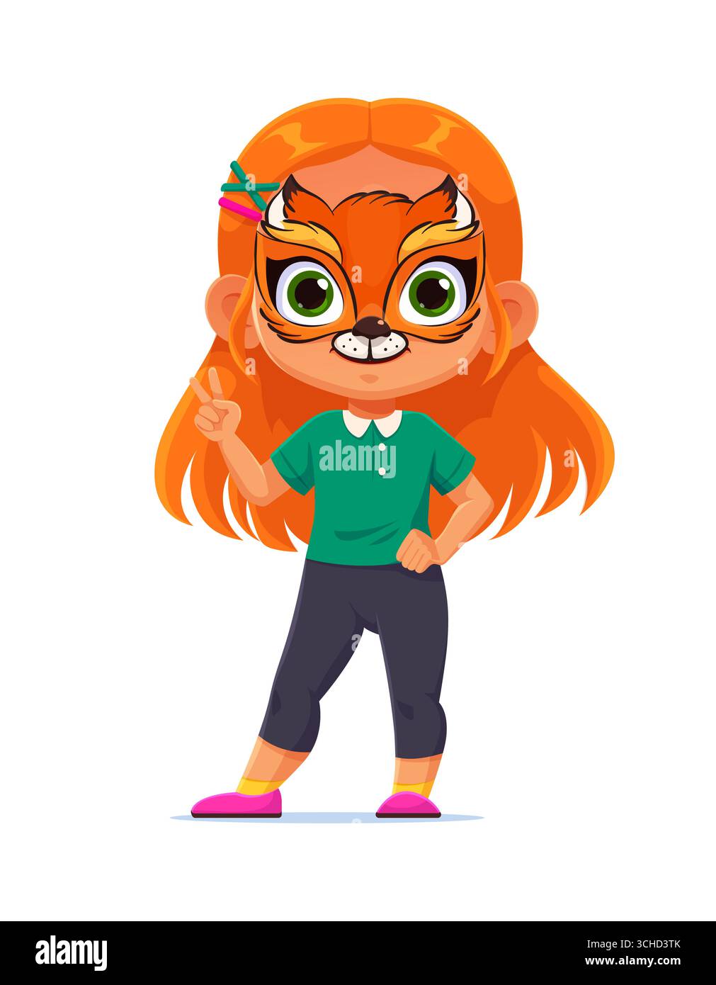 Holiday party kid with face paint. Cartoon vector red haired girl with ...