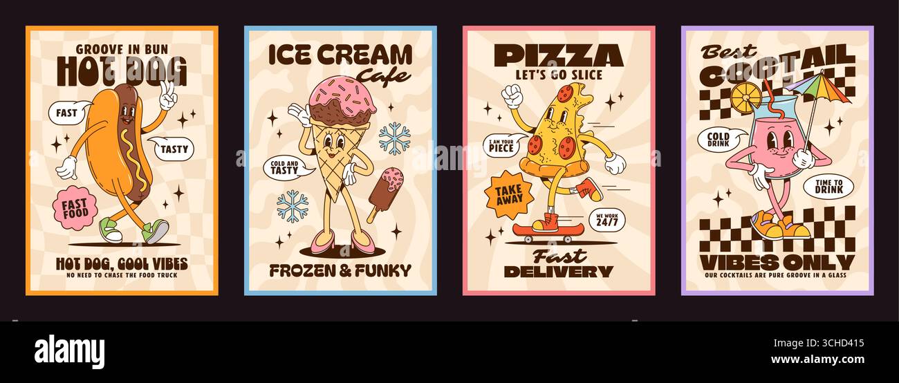 Cartoon groovy characters posters featuring retro fast food personages ...