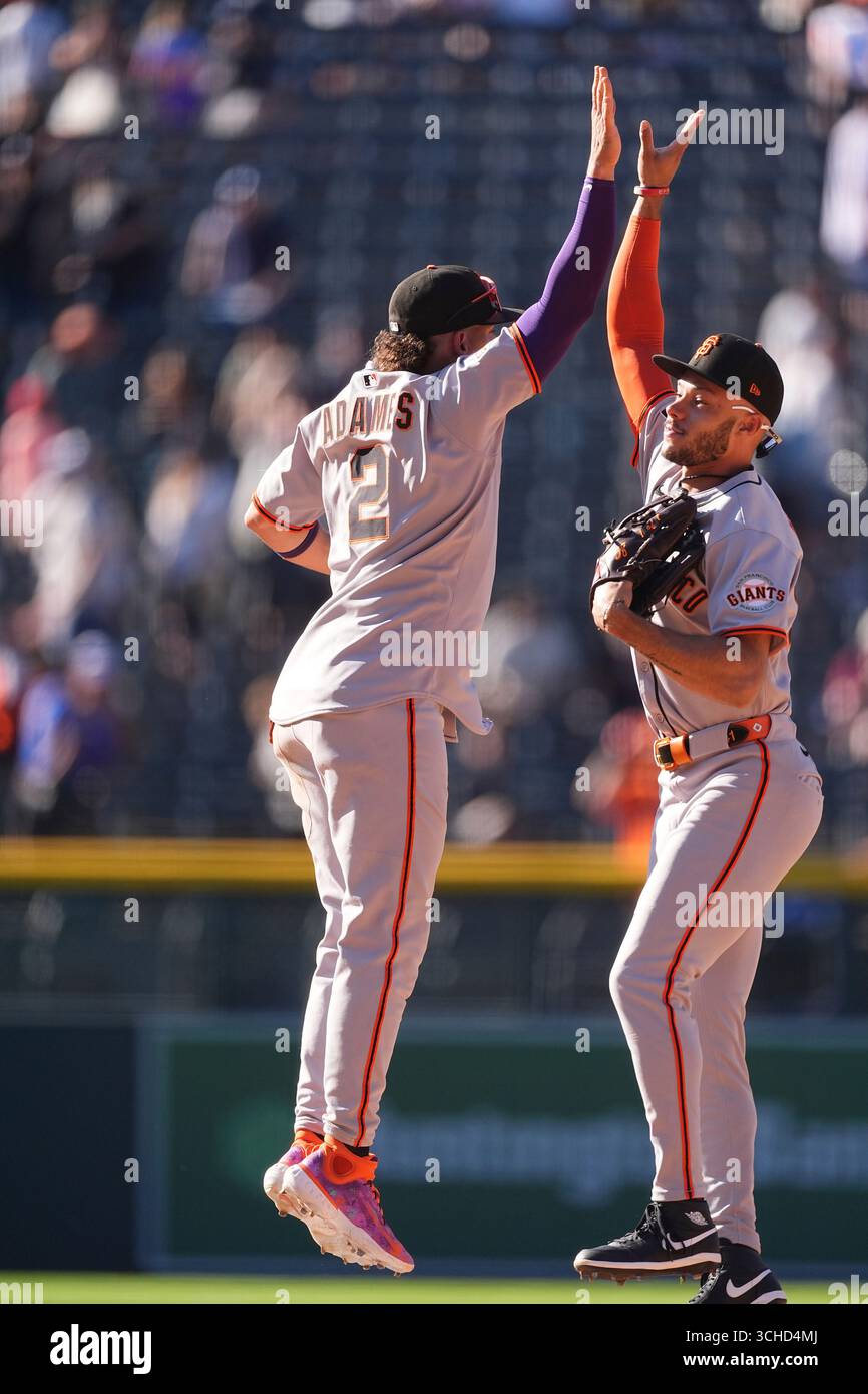 San Francisco Giants shortstop Willy Adames, left, celebrates with left ...