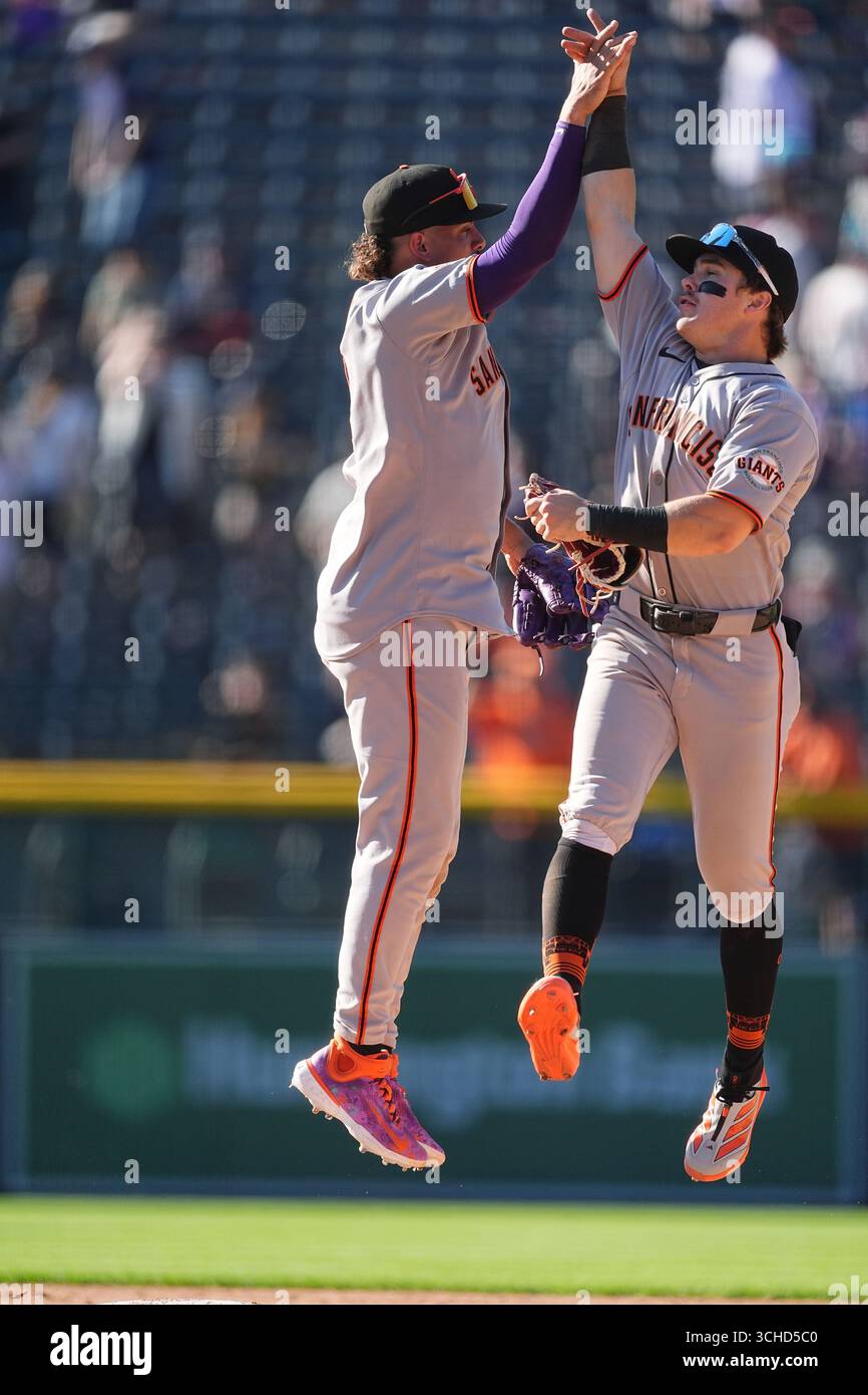San Francisco Giants shortstop Willy Adames left, celebrates with right ...