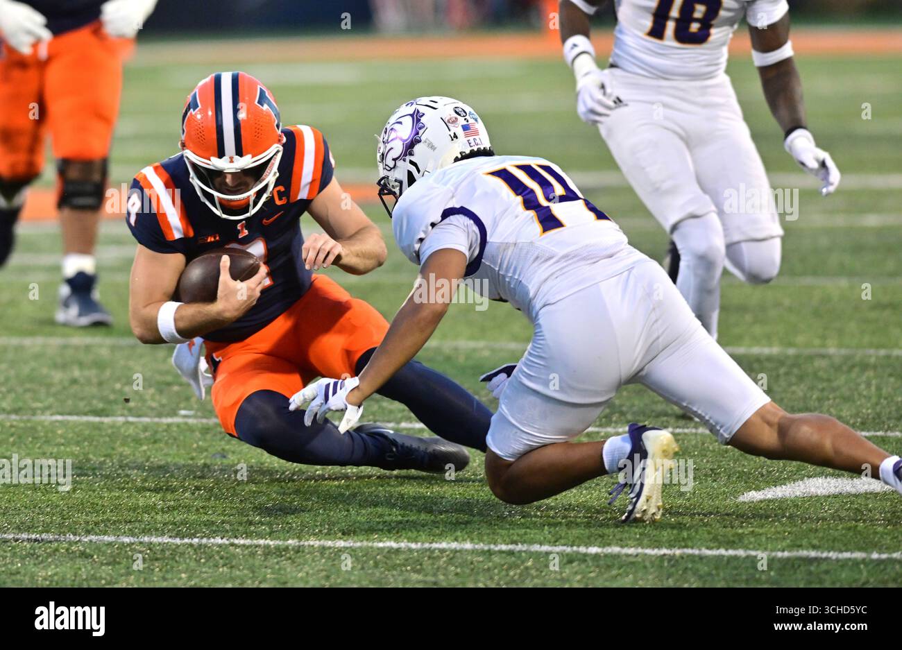 CHAMPAIGN, IL - AUGUST 29: Western Illinois defensive back Bujo Aurimua ...