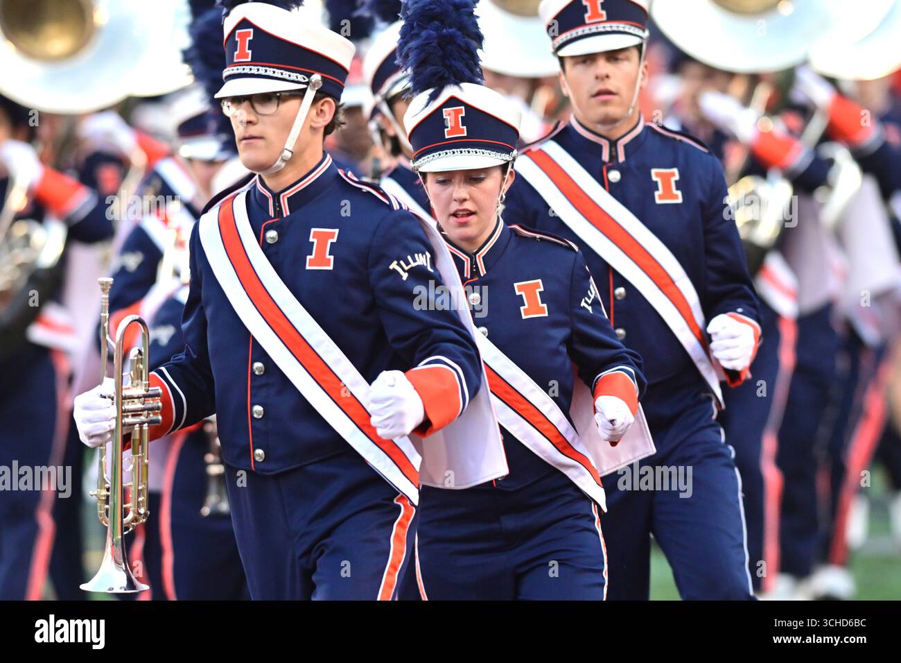 CHAMPAIGN, IL - AUGUST 29: Members of the Illini Marching Band perform ...