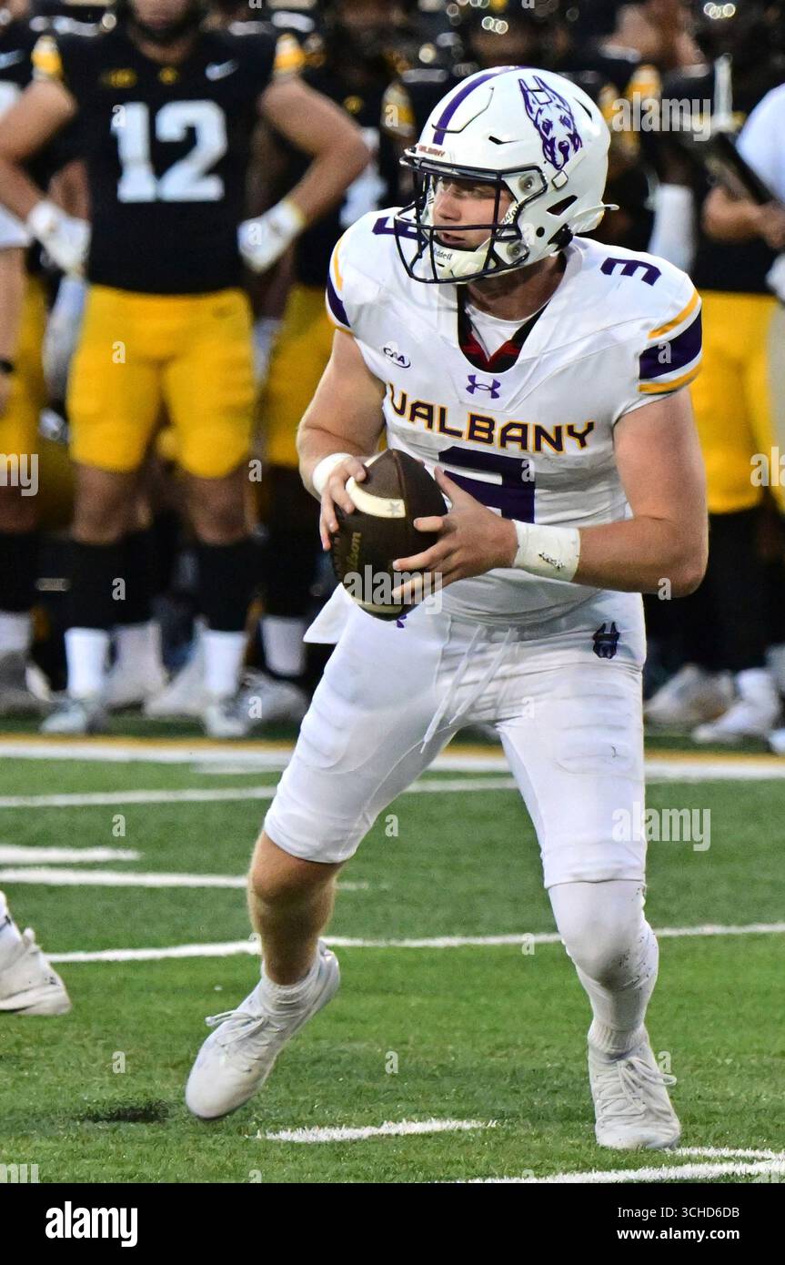 IOWA CITY, IA - AUGUST 30: Albany quarterback Jack Shields (3) looks ...