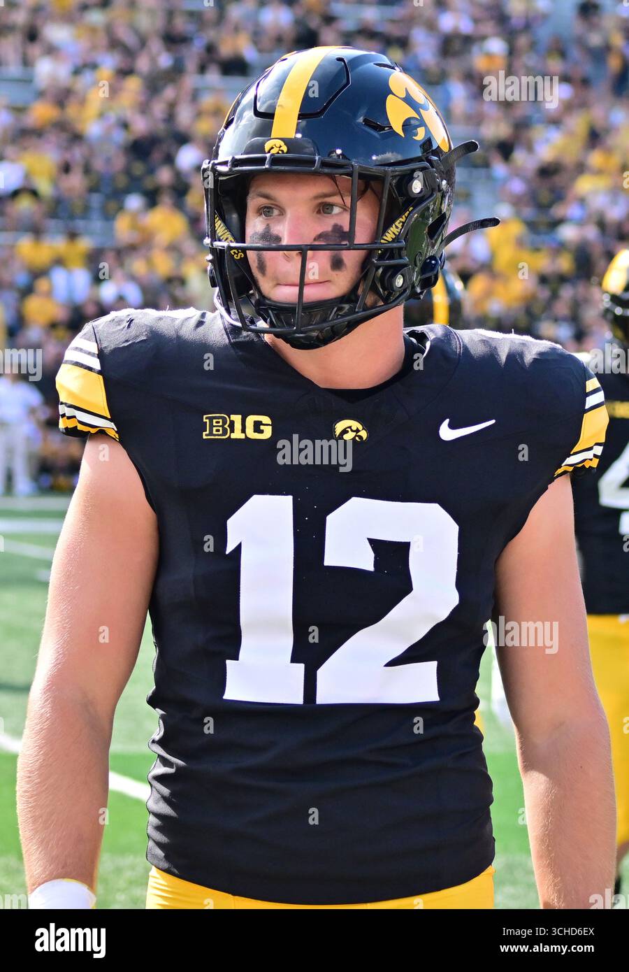 IOWA CITY, IA - AUGUST 30: Iowa linebacker Jaxon Rexroth (12) warms up ...