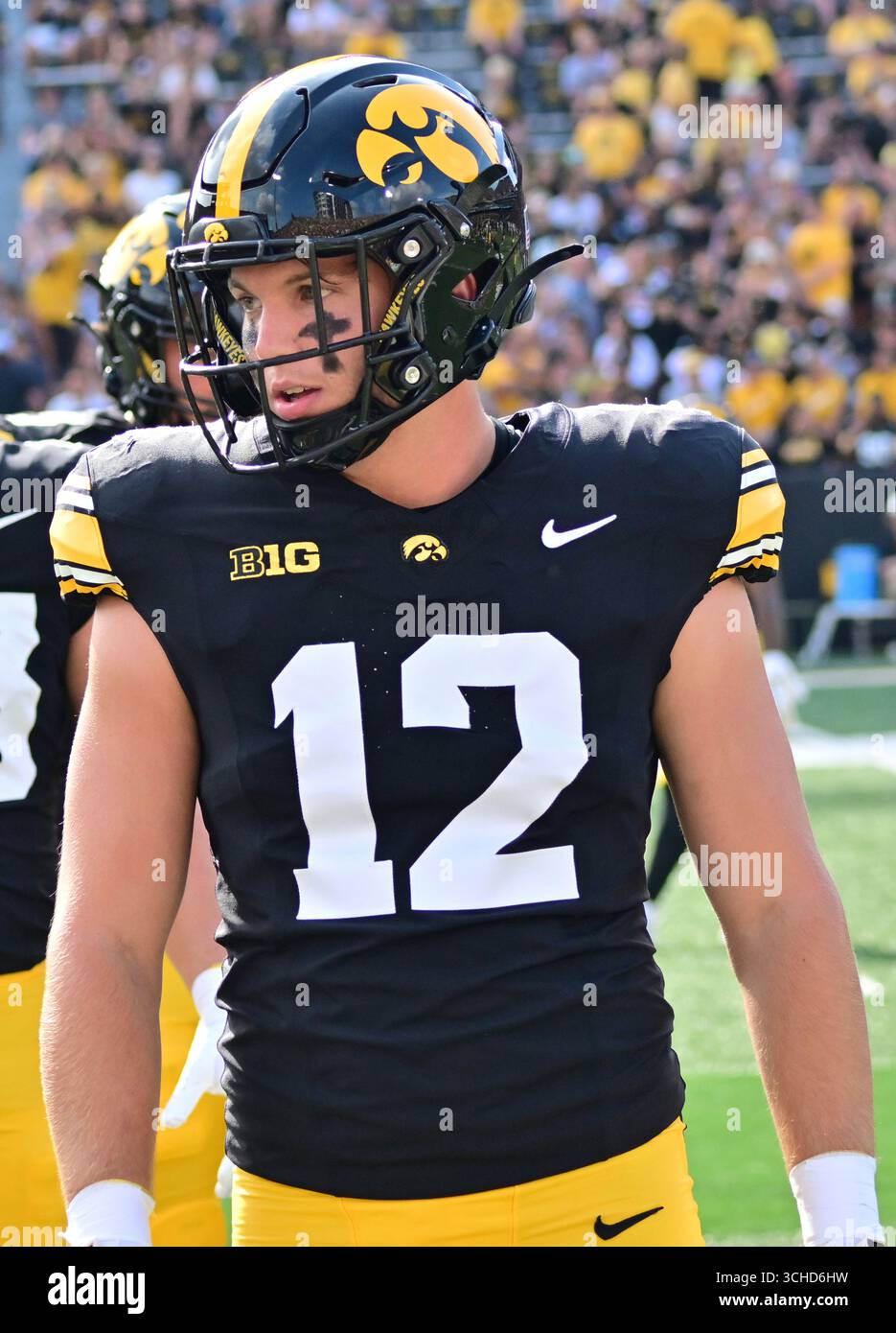 IOWA CITY, IA - AUGUST 30: Iowa linebacker Jaxon Rexroth (12) warms up ...