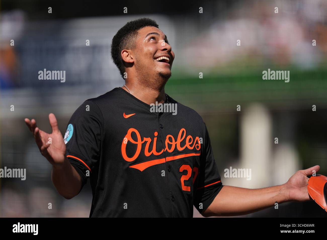 Baltimore Orioles' Samuel Basallo celebrates towards the dugout after ...