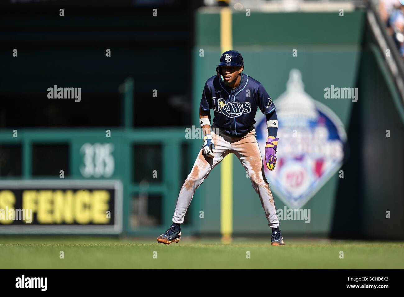 Tampa Bay Rays' Chandler Simpson takes a lead from first base during ...