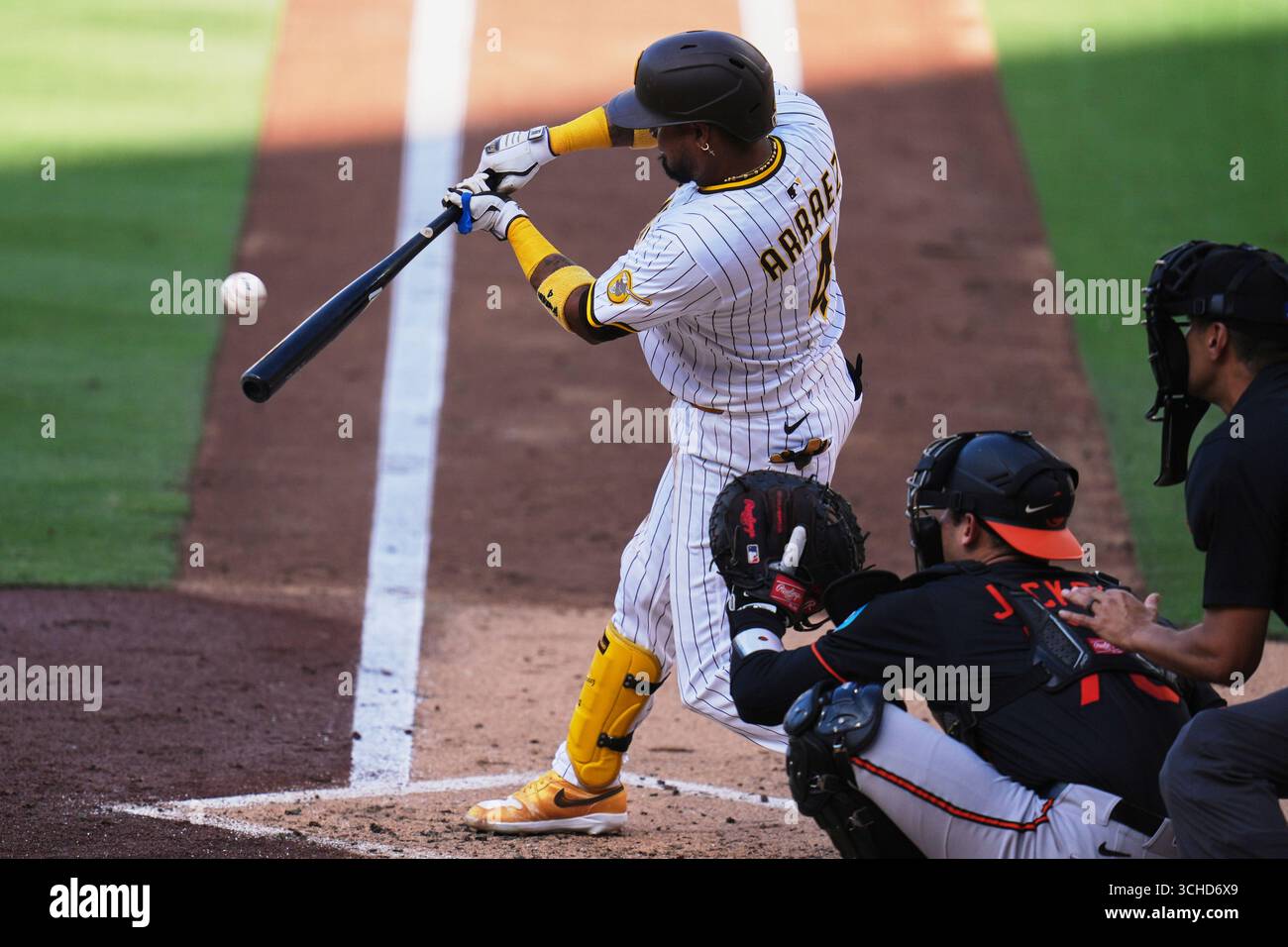 San Diego Padres' Luis Arraez hits an RBI single during the second ...