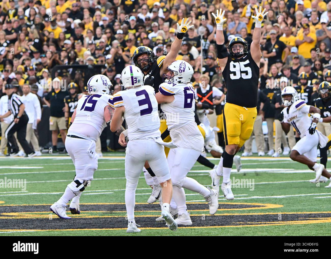 IOWA CITY, IA - AUGUST 30: Albany quarterback Jack Shields (3) passes ...