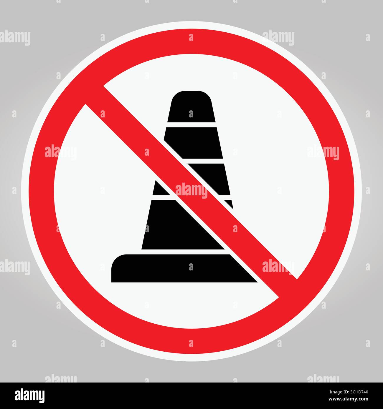This image displays a prohibition sign featuring a traffic cone ...