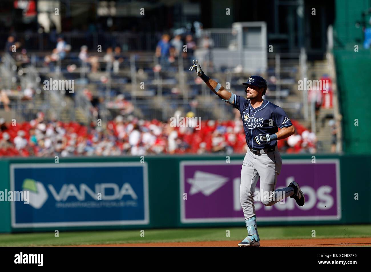 Tampa Bay Rays' Josh Lowe gestures as he runs the bases after hitting a ...