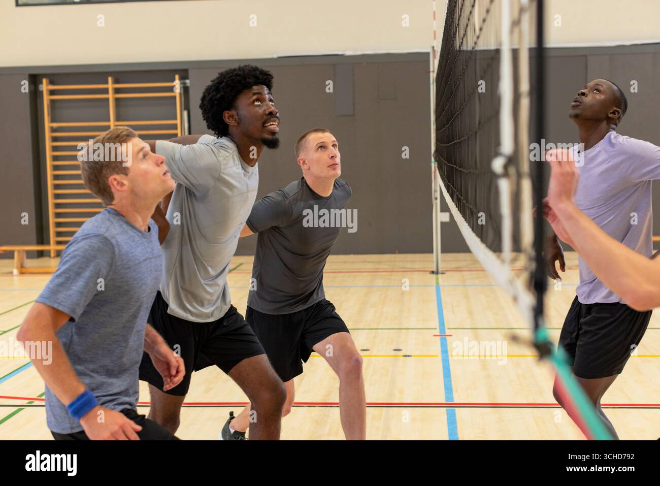 Diverse male athletes jumping and blocking volleyball over net on ...