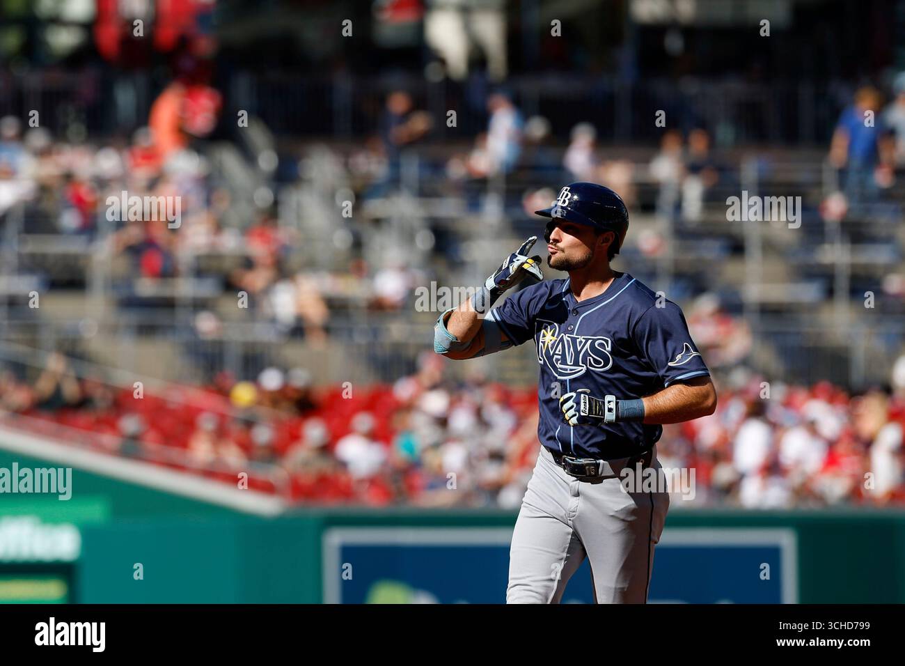 Tampa Bay Rays' Josh Lowe gestures as he runs the bases after hitting a ...