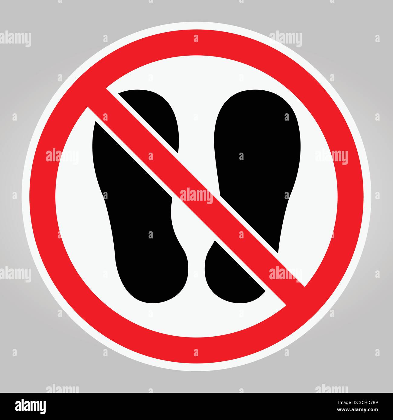 This image features a prohibition sign depicting footprints, indicating ...
