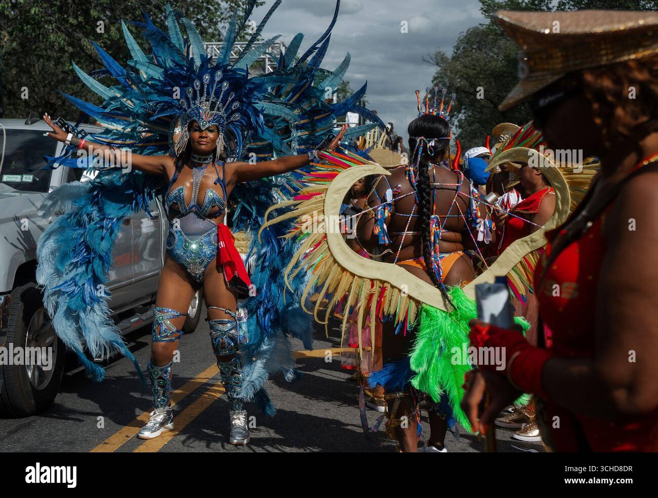 Costumed dancers perform during the West Indian Day Parade on Monday ...