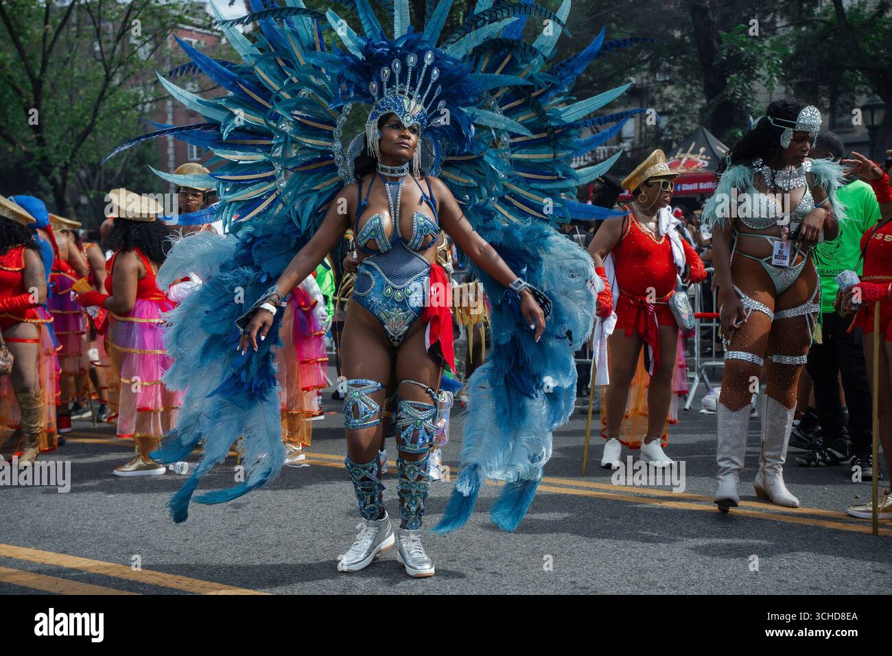 Costumed dancers perform during the West Indian Day Parade on Monday ...