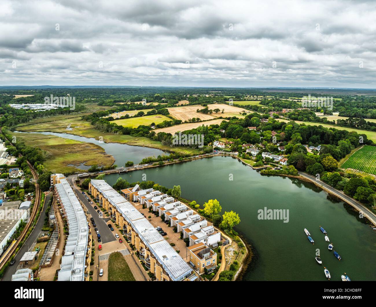 Lymington River and marina from drone, Lymington, New Forest, Hampshire ...