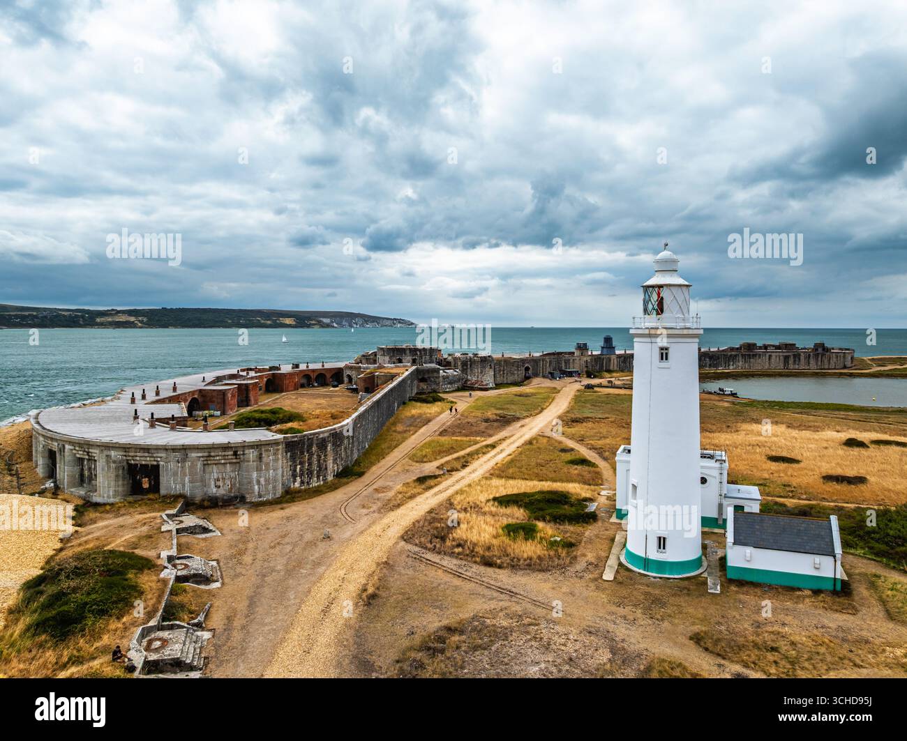 Hurst Point Lighthouse and Hurst Castle from drone over Hurst Spit ...