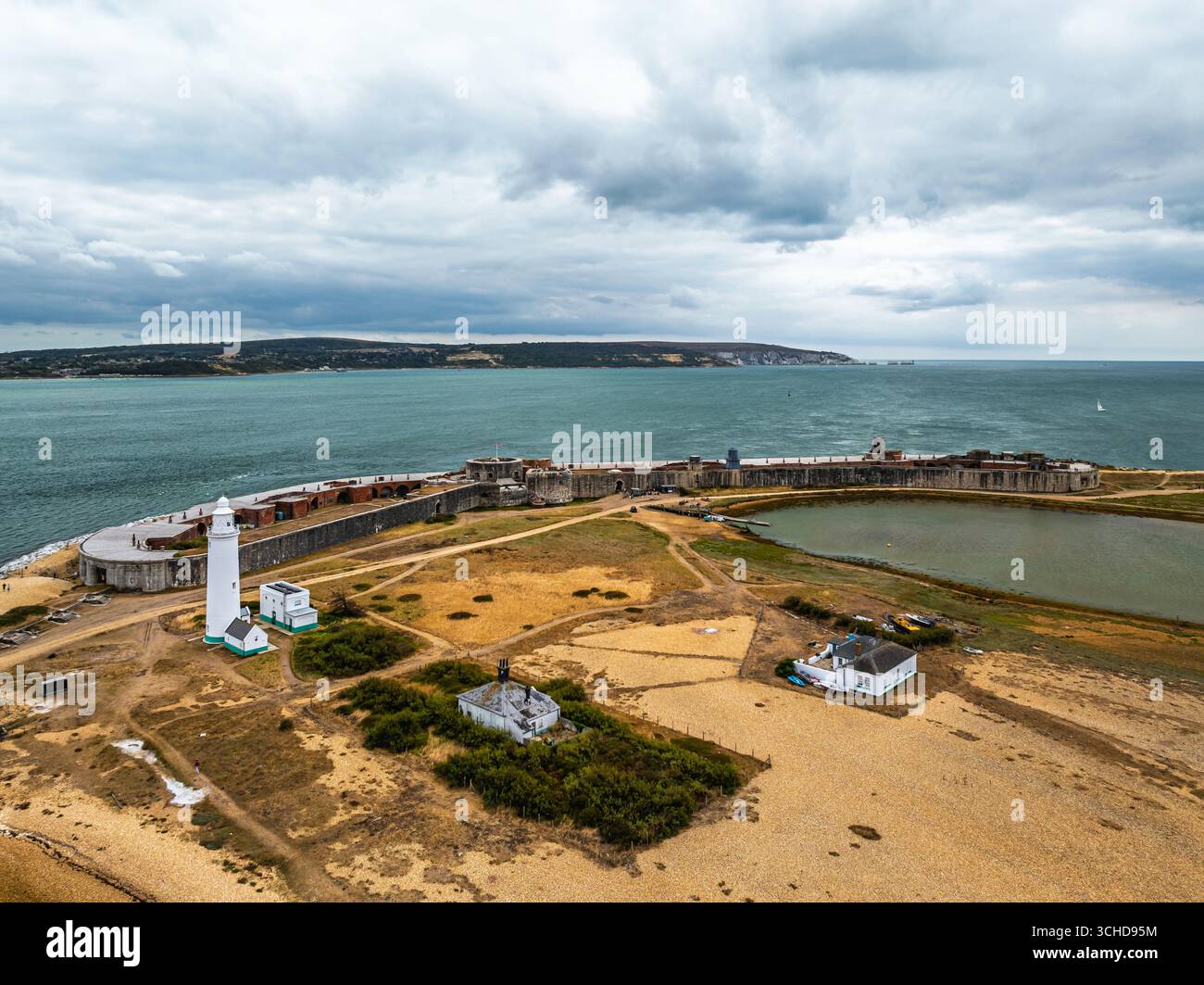 Hurst Point Lighthouse and Hurst Castle from drone over Hurst Spit ...
