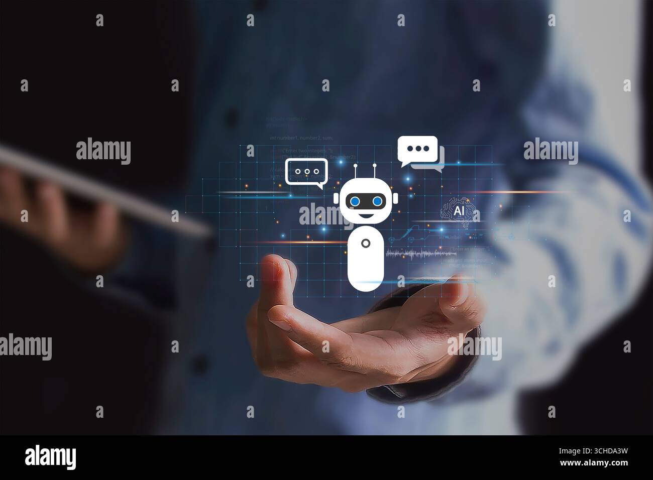 AI Assistant Concept Man Holding Holographic Chatbot Stock Photo - Alamy