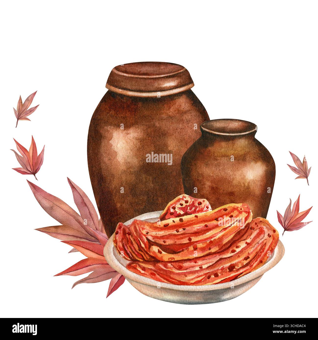 Kimchi in a bowl with cooking vats and Japanese maple leaves ...