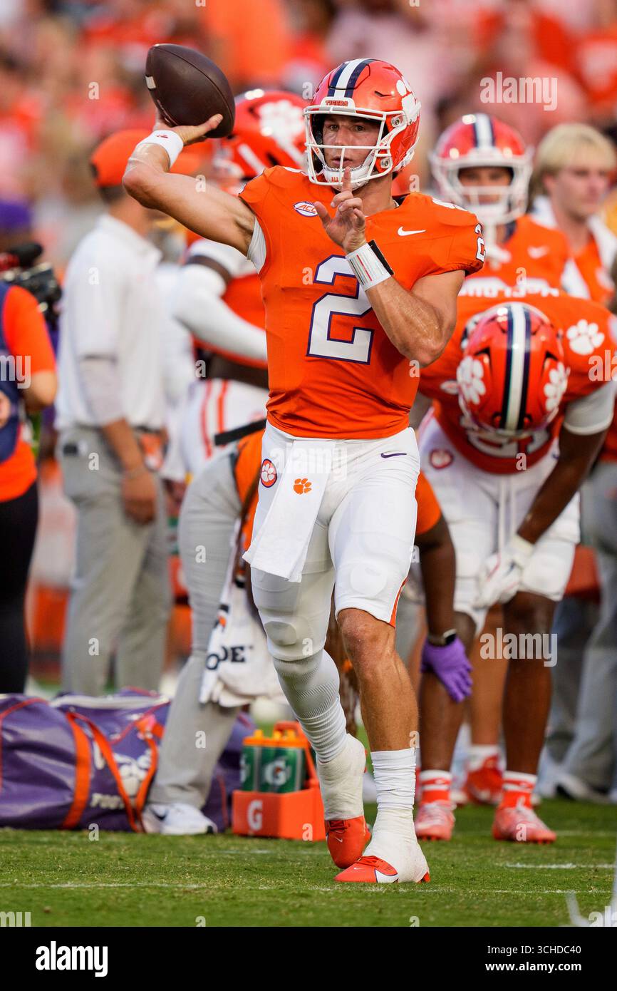 Clemson quarterback Cade Klubnik (2) warms up before an NCAA college ...