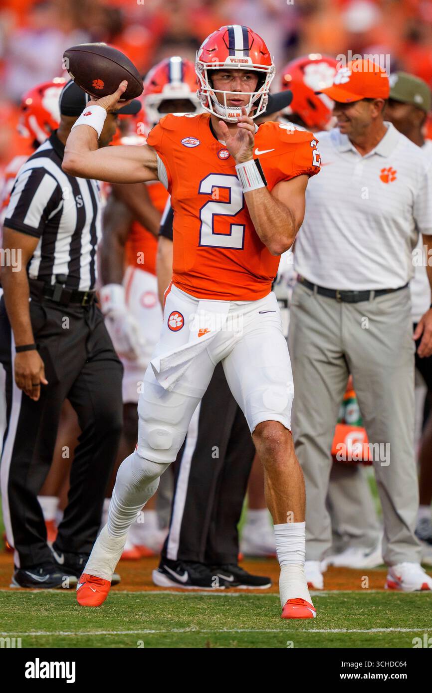 Clemson quarterback Cade Klubnik (2) warms up before an NCAA college ...