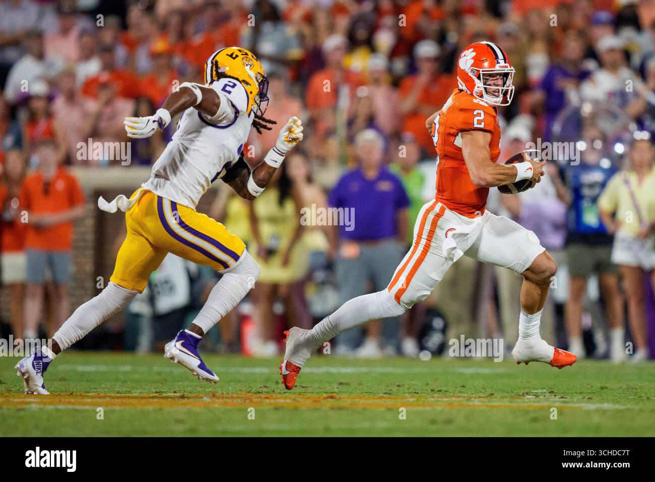LSU safety Jardin Gilbert (2) chases Clemson quarterback Cade Klubnik ...