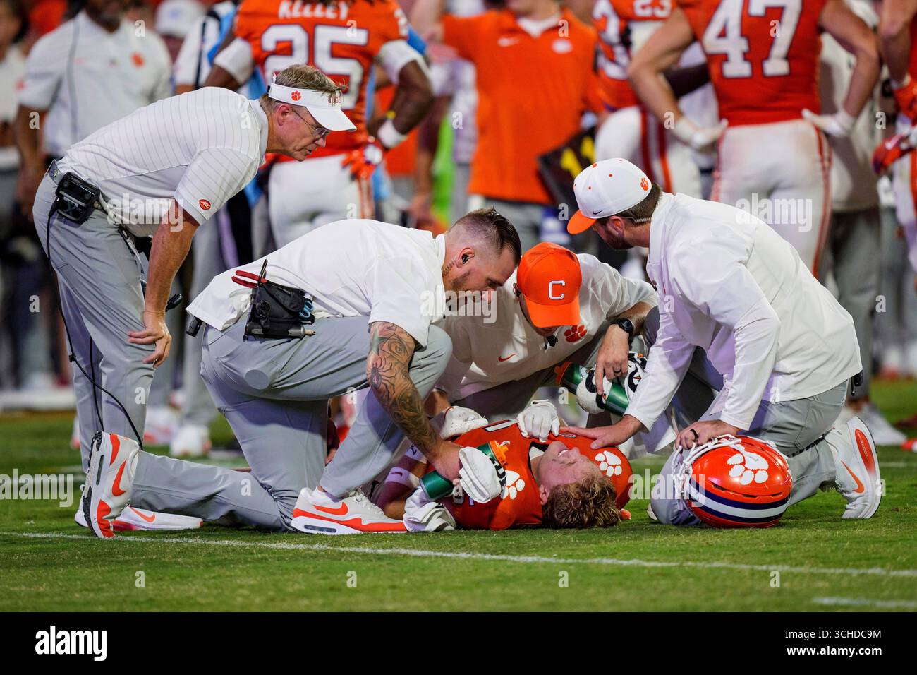 Clemson defensive back Ronan Hanafin (5) is shaken up during an NCAA ...