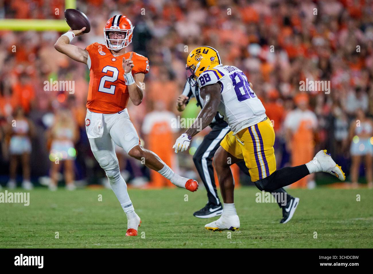 Clemson quarterback Cade Klubnik (2) passes while pressured by LSU ...