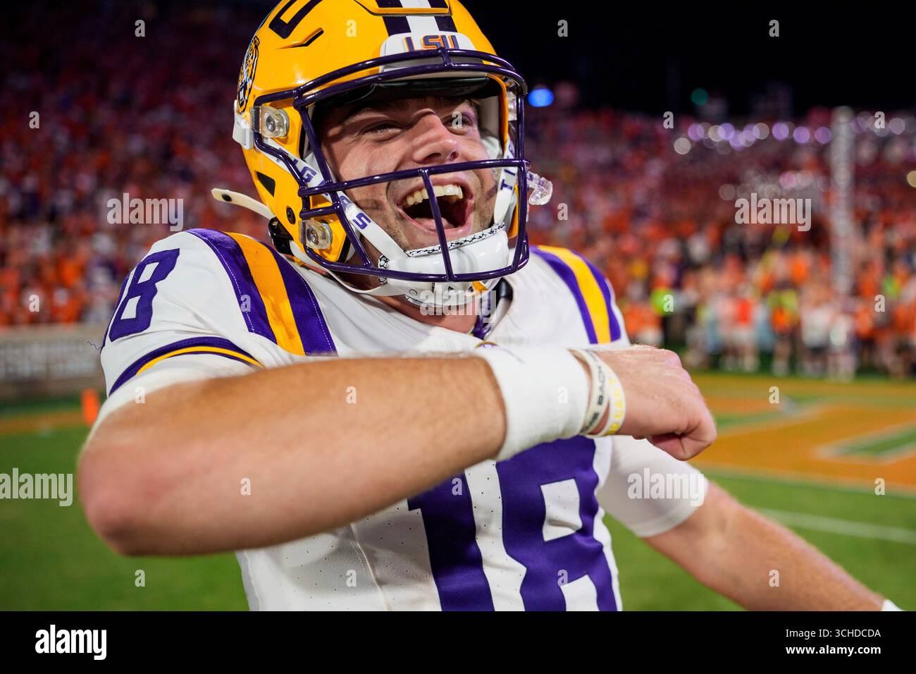 LSU quarterback Garrett Nussmeier (18) reacts after defeating Clemson ...