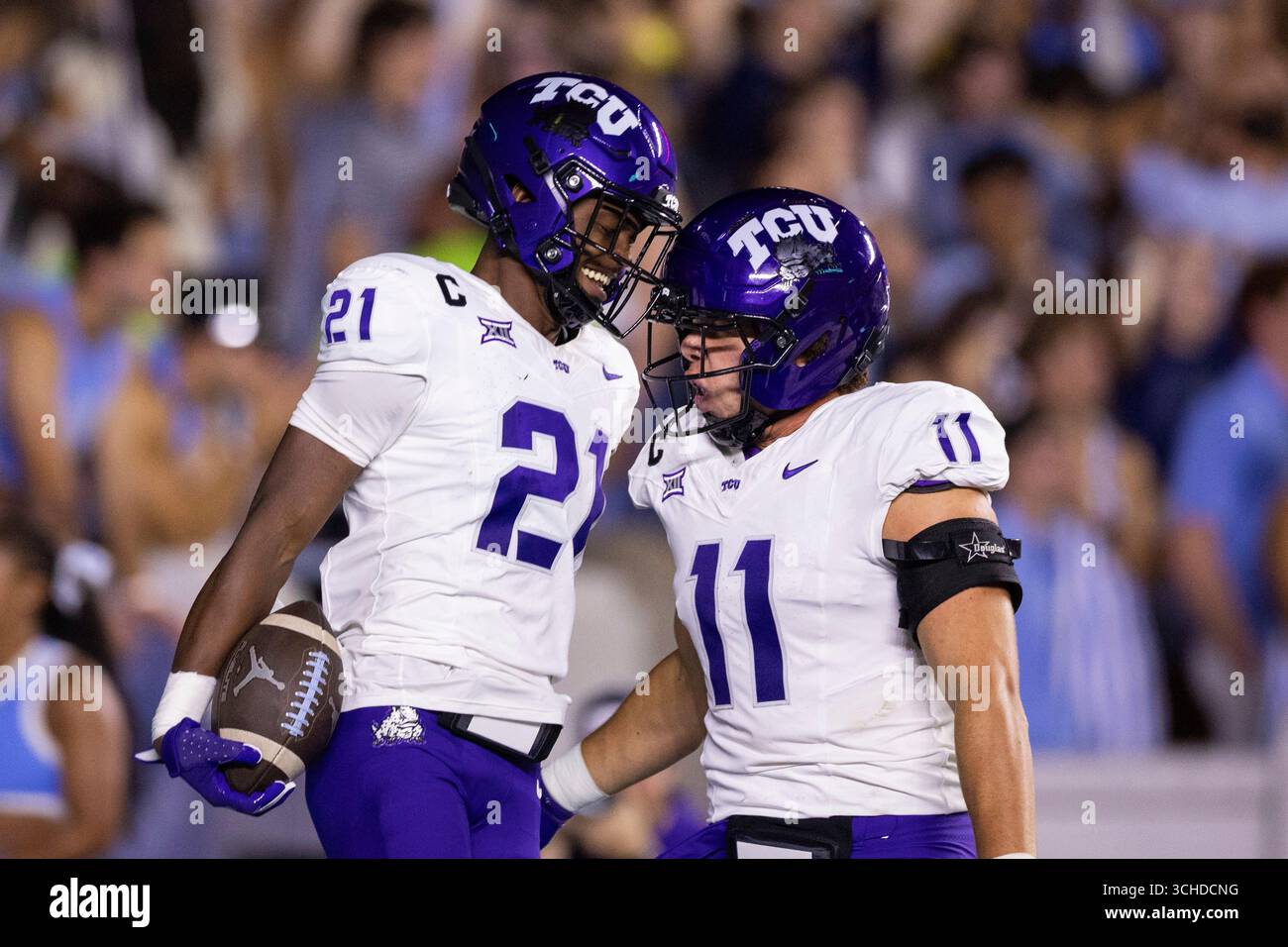 September 1, 2025: TCU Horned Frogs safety Bud Clark (21) celebrates ...