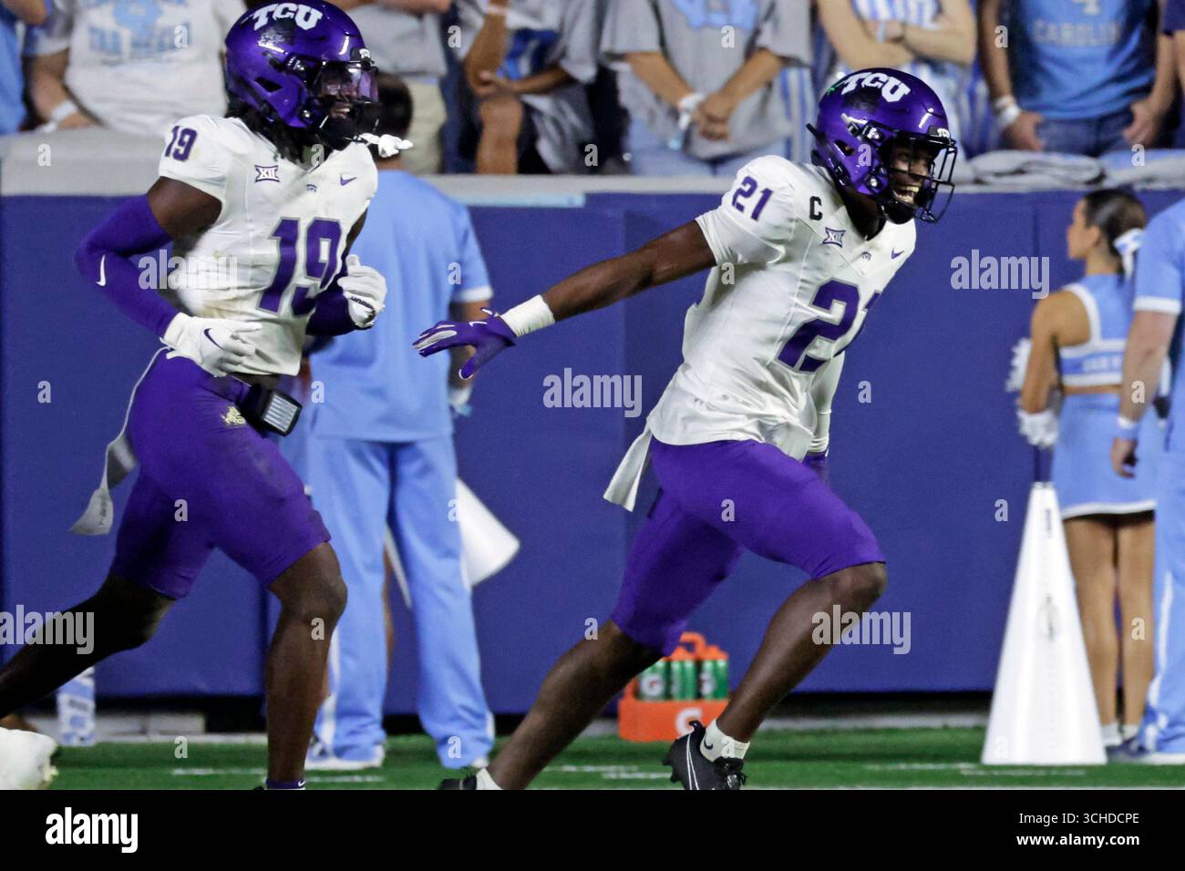 TCU safety Bud Clark (21) celebrates with safety Kylin Jackson (19 ...