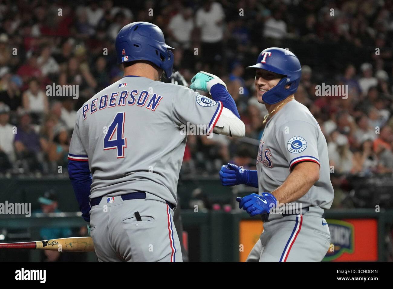 Texas Rangers' Wyatt Langford celebrates with Joc Pederson (4) after ...