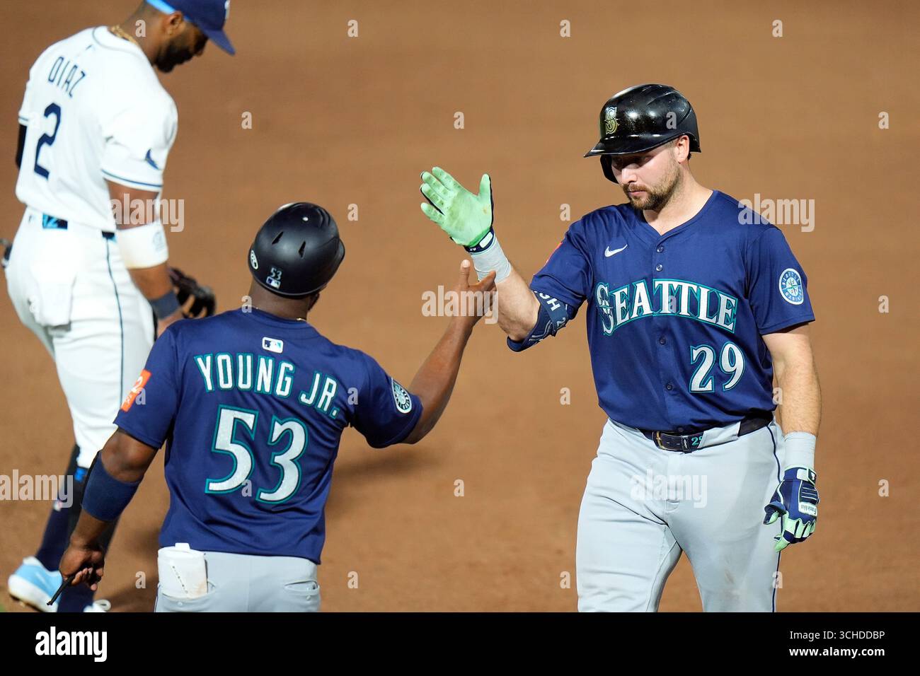 Seattle Mariners' Cal Raleigh (29) celebrates his single off Tampa Bay ...