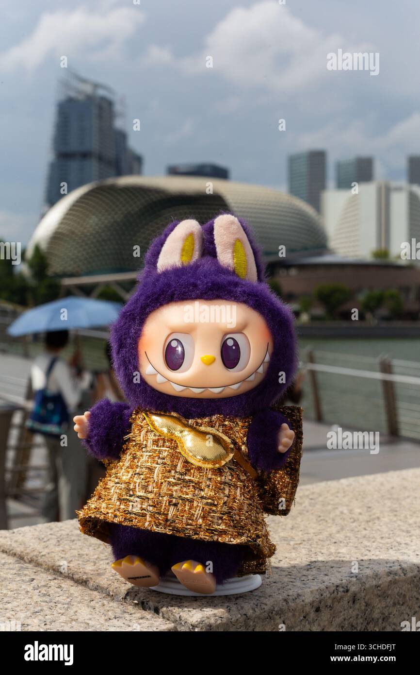 Vertical view of Labubu visit Singapore Esplanade. Affection smile and ...