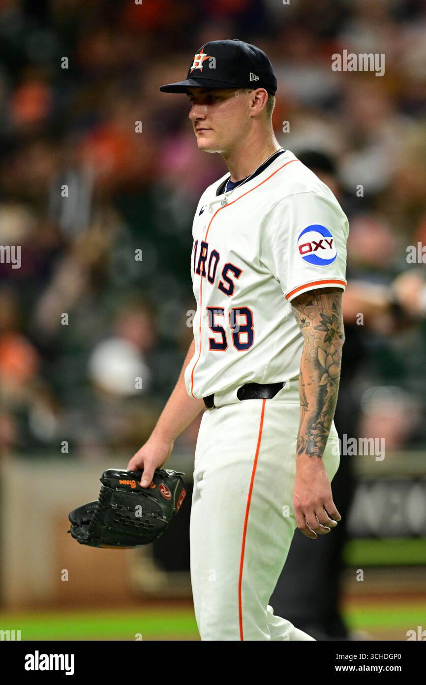 Houston Astros pitcher Hunter Brown (58) leaves the game in the seventh ...