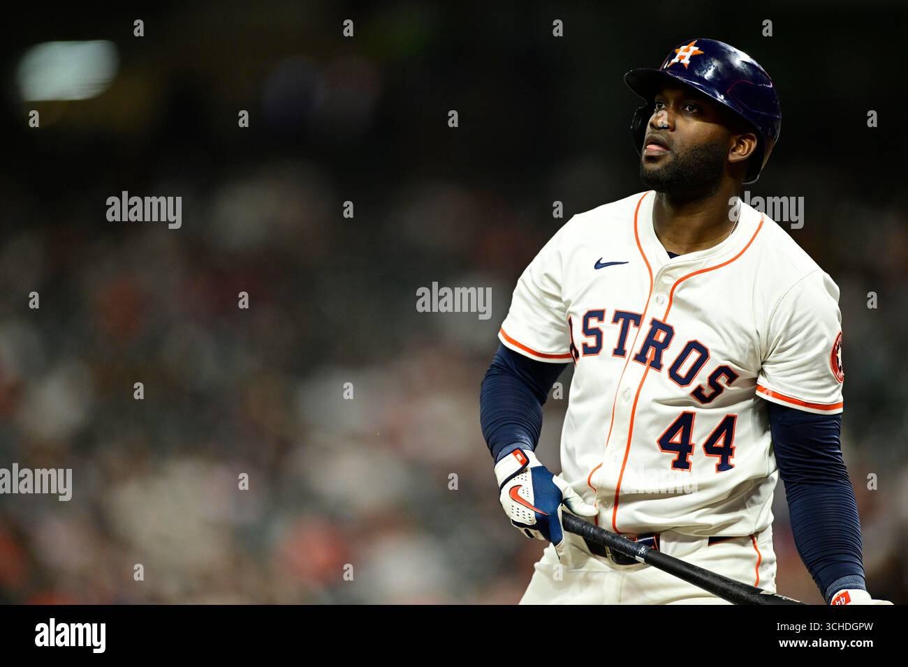 Houston Astros outfielder Yordan Alvarez (44) watches a foul ball in ...