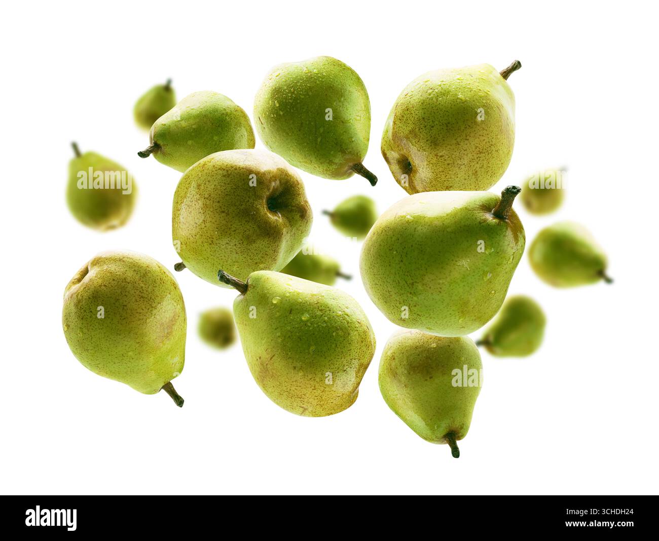 Green pears levitate on a white background Stock Photo - Alamy